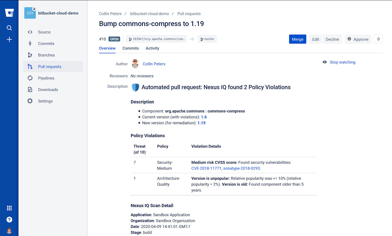 Keep applications secure in Atlassian Bitbucket with automated pull requests